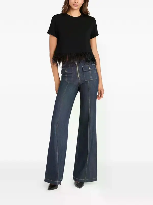 Cinq À Sept Short-sleeve Feather-trimmed Cropped T-shirt - Blue