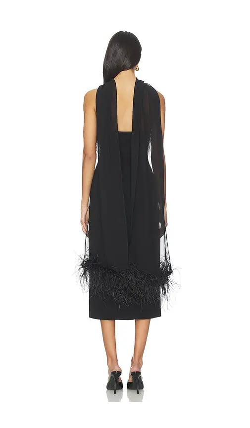 black midi dress with feather trim Vivien Black Feather Midi Dress