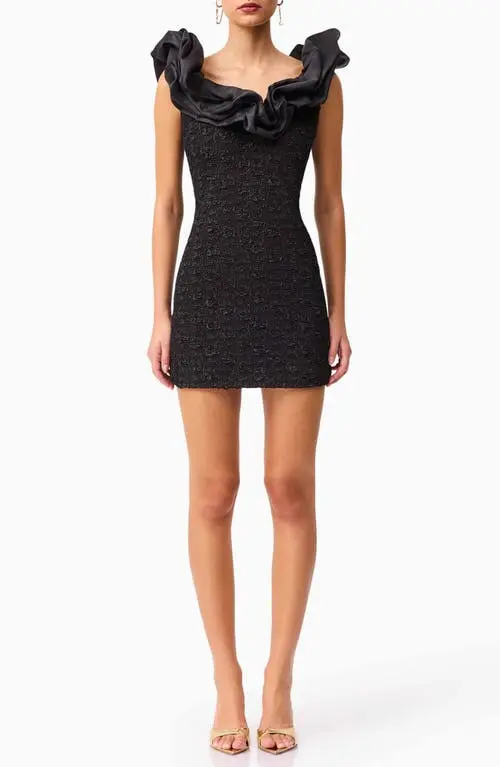 ELLIATT Paloma Satin Ruffle Floral Jacquard Mini Dress - Black