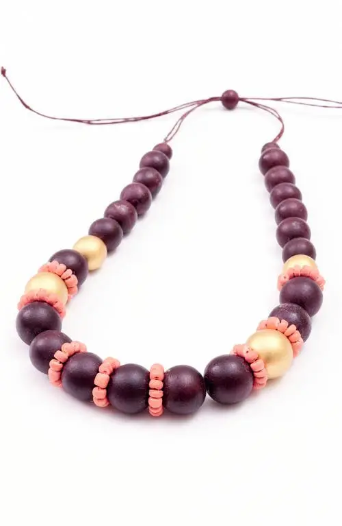 LIKHA Pompa Beaded Wooden Necklace - Burgundy & Gold