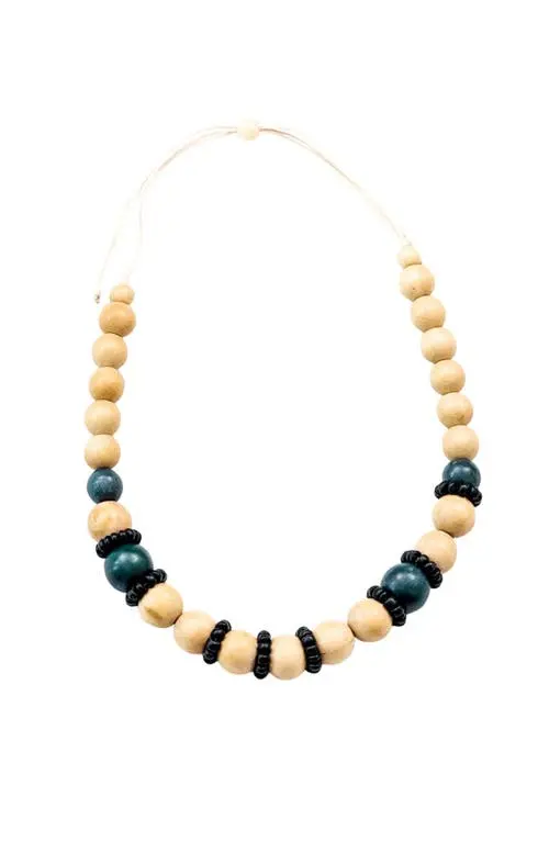 LIKHA Pompa Beaded Wooden Necklace - Natural & Teal