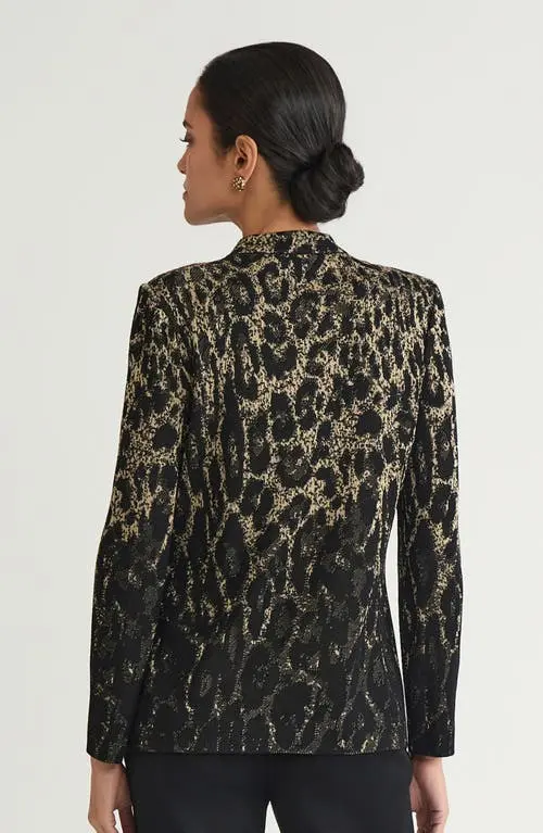 Ming Wang Lurex Leopard Print Jacquard Knit Jacket