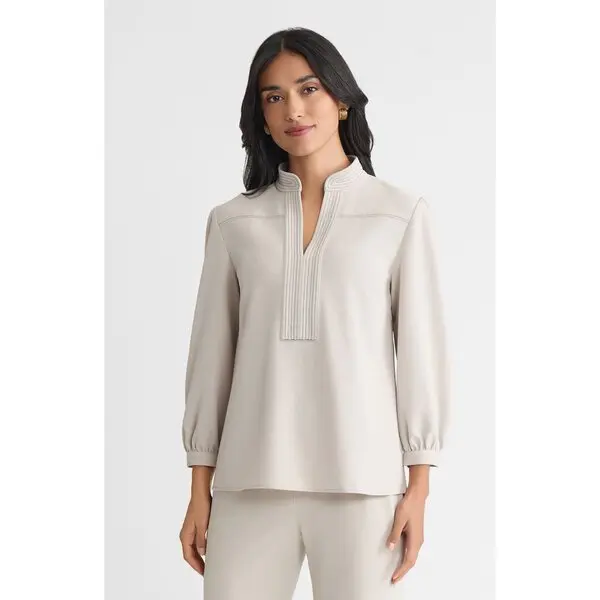 Ming Wang Stretch Deco Crepe Balloon Sleeve Blouse - Limestone/black