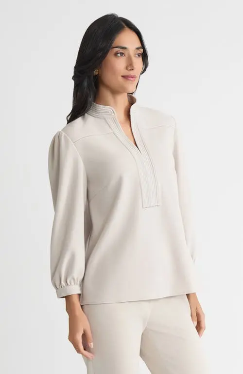 Ming Wang Stretch Deco Crepe Balloon Sleeve Blouse - Limestone/black
