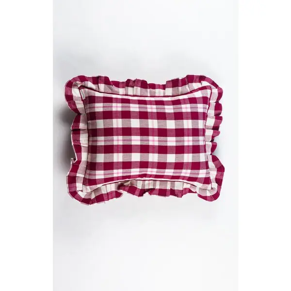 ARCHIVE NEW YORK Abigail Cranberry Handwoven Cotton Plaid Ruffle Pillow - Burgundy