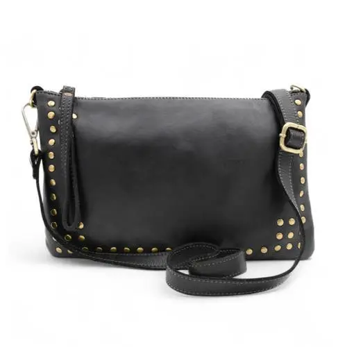 BOLSA NOVA Studded Leather Clutch With Wristlet And Crossbody Strap