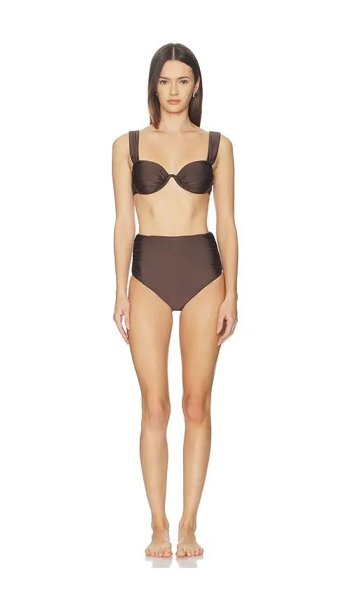 Simkhai Teya High Waisted Ruched Bikini Bottom - Chocolate