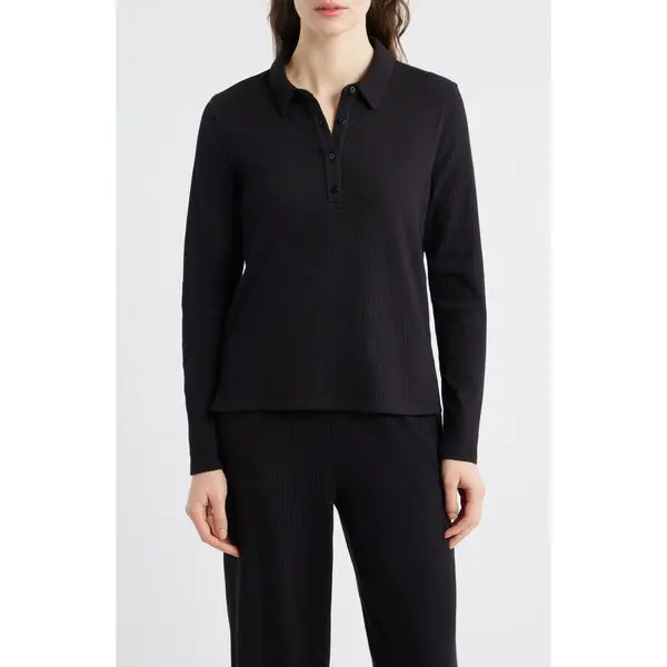 Eileen Fisher Slim Textured Henley - Black