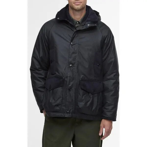 Barbour Waxed Cotton Utility Jacket With Removable Hood - Navy