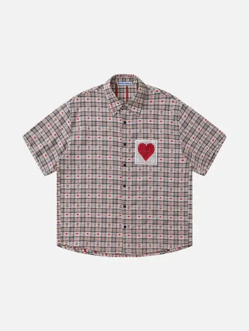 AELFRIC EDEN Plaid Shirt With Crochet Heart Pocket - Red