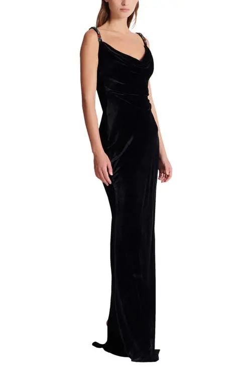 Balmain Long Velvet Dress With Embellished Straps - Black