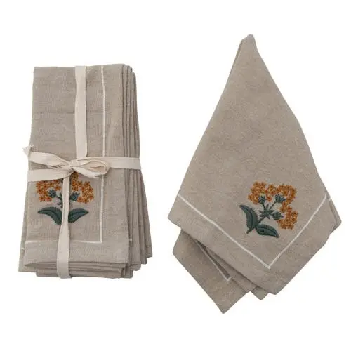 STORIED HOME Cotton Napkins With Floral Embroidery And French Knots, Set Of 4 - Tan