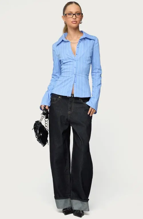 EDIKTED Pinstripe Button-up Shirt With Bell Sleeves - Blue