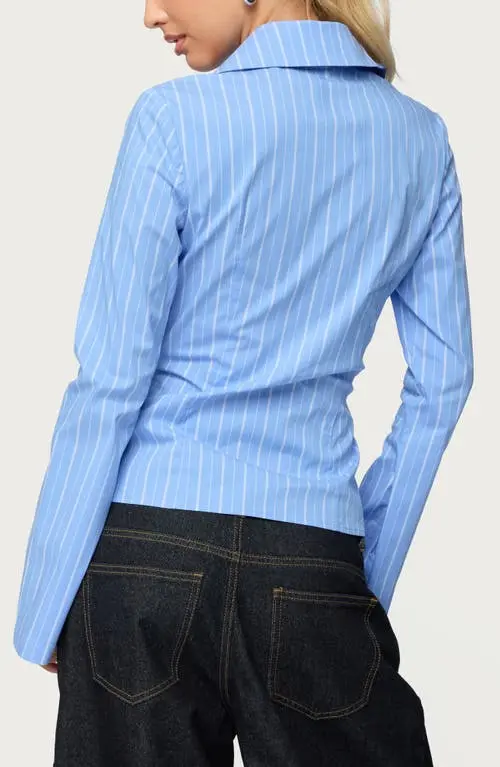 EDIKTED Pinstripe Button-up Shirt With Bell Sleeves - Blue