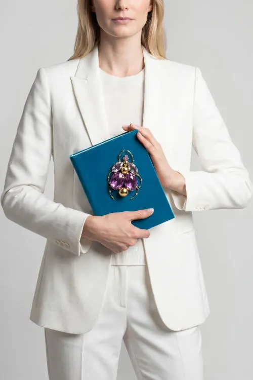 LARALLAN Velvet Book Clutch With Crystal Embellishment - Teal Blue