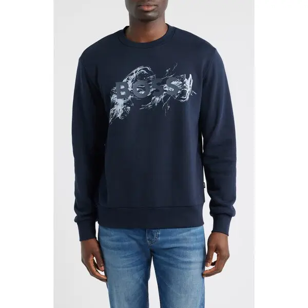 BOSS Soleri Abstract Graphic Cotton Fleece Crewneck Sweatshirt - Dark Blue