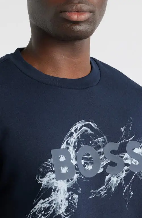 BOSS Soleri Abstract Graphic Cotton Fleece Crewneck Sweatshirt - Dark Blue