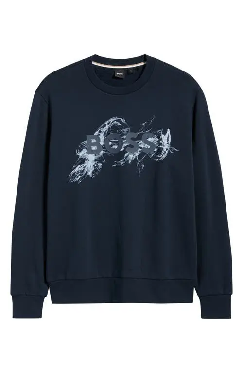 BOSS Soleri Abstract Graphic Cotton Fleece Crewneck Sweatshirt - Dark Blue