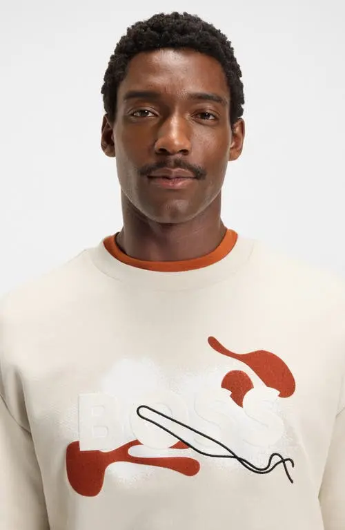 BOSS Soleri Abstract Graphic Cotton Fleece Crewneck Sweatshirt - Open White