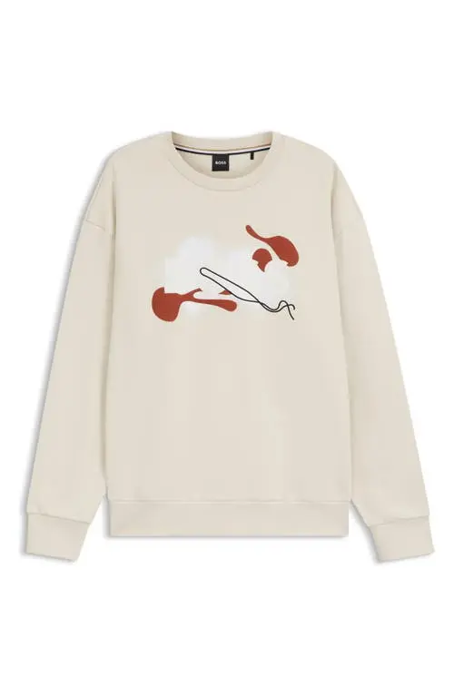 BOSS Soleri Abstract Graphic Cotton Fleece Crewneck Sweatshirt - Open White