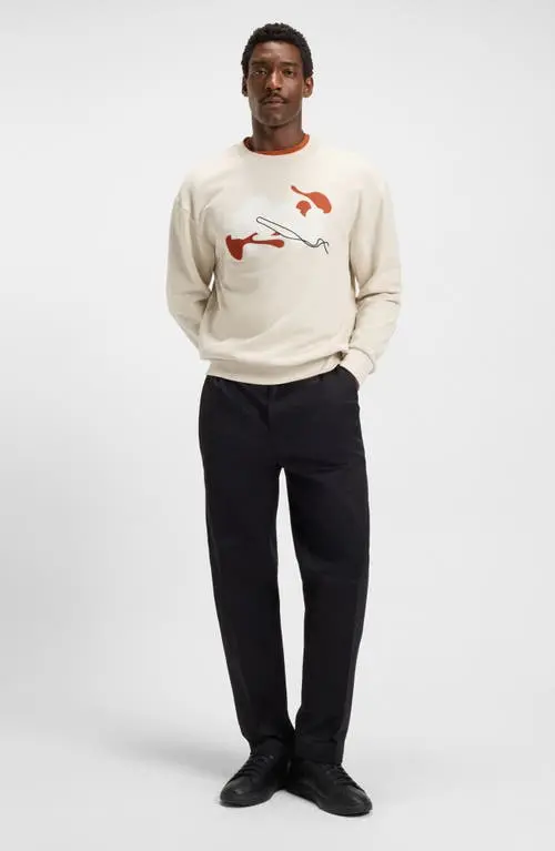 BOSS Soleri Abstract Graphic Cotton Fleece Crewneck Sweatshirt - Open White
