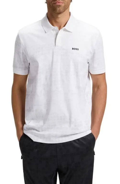 BOSS Grid Print Cotton Polo - White