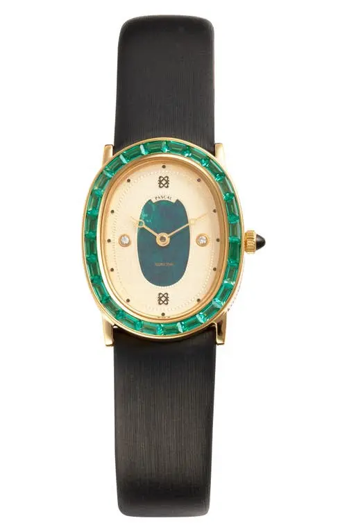 PASCAL Oval Halo Lab Grown Diamond & Lab Grown Emerald Leather Strap Watch - Greenery Crown