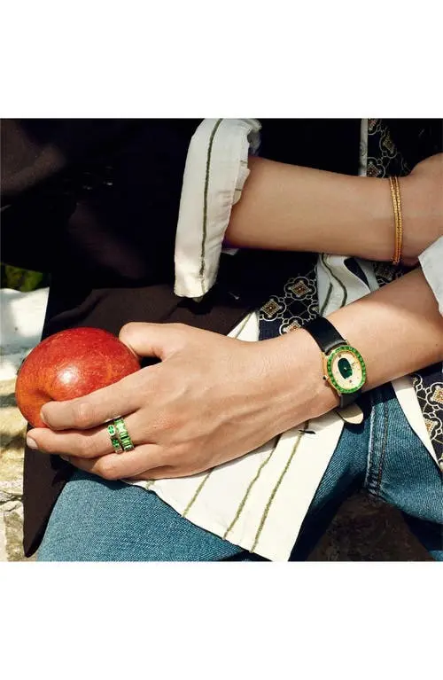 PASCAL Oval Halo Lab Grown Diamond & Lab Grown Emerald Leather Strap Watch - Greenery Crown