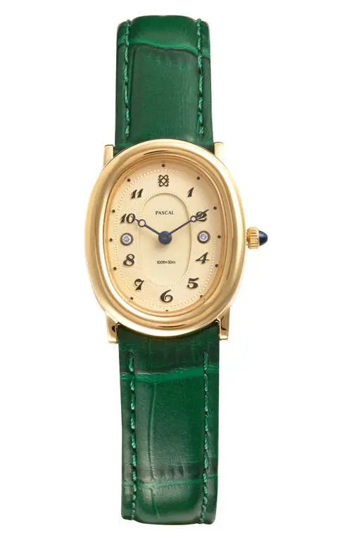 PASCAL Oval Lab Grown Diamond Leather Strap Watch - Lush Green