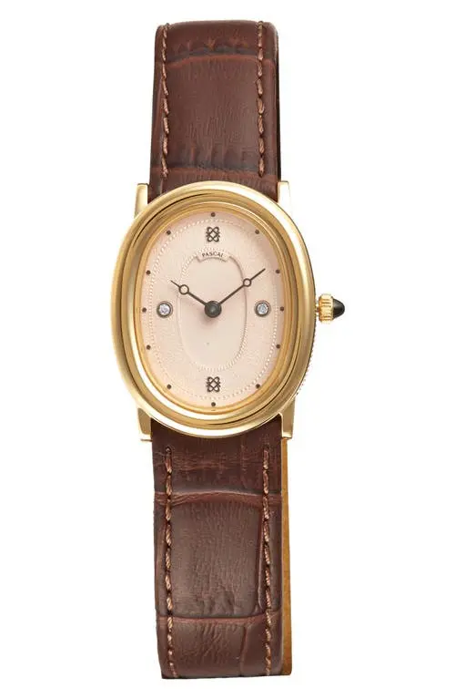 PASCAL Oval Lab Grown Diamond Leather Strap Watch - Salmon Dial