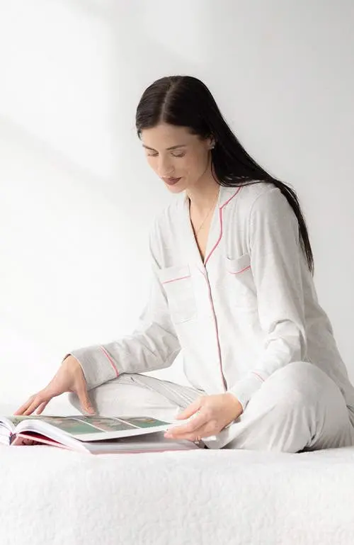 SALUA Classic Luxury Pajamas In Brushed Pima Cotton - Heather Grey/neon Pink