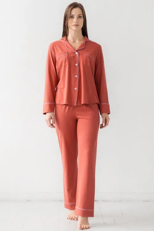 SALUA Classic Luxury Pajamas In Brushed Pima Cotton - Rasperry Tea/lavender