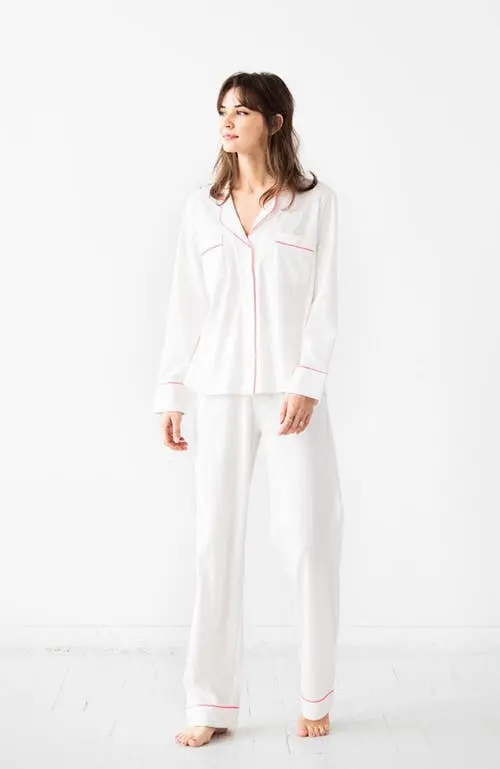 SALUA Classic Luxury Pajamas In Brushed Pima Cotton - White/neon Pink