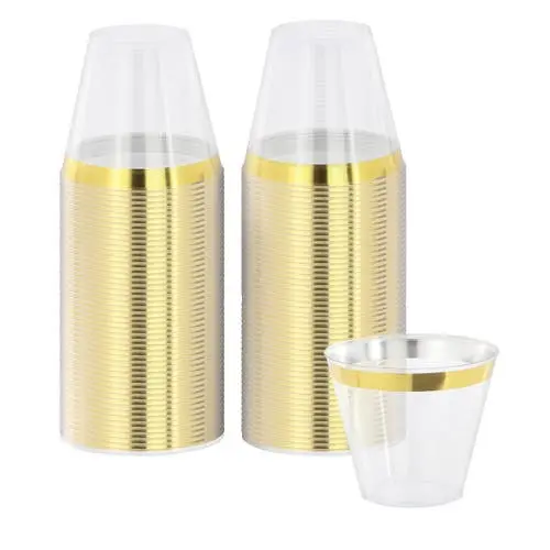 ELAMA 100 Piece 9 Ounce Disposable Plastic Rimmed Party Cup Set - Gold