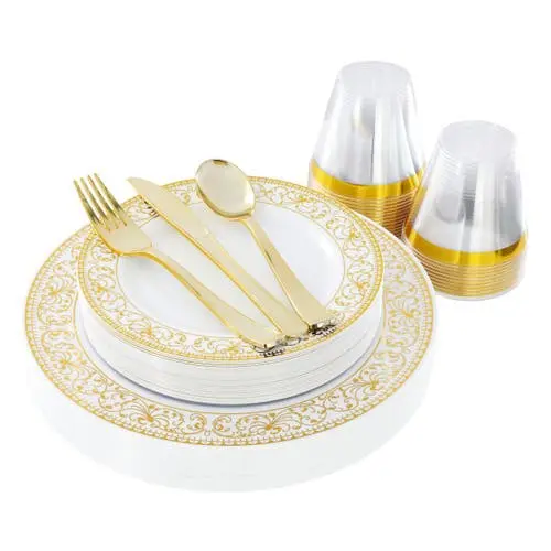ELAMA 150 Piece Disposable Plastic Dinnerware Party Set For 25 Guests - Gold