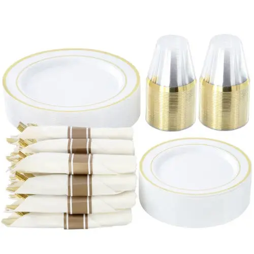 ELAMA 350 Piece Disposable Plastic Dinnerware Party Set For 50 Guests - Gold