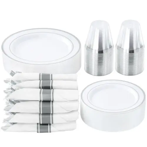 ELAMA 350 Piece Disposable Plastic Dinnerware Party Set For 50 Guests - Silver