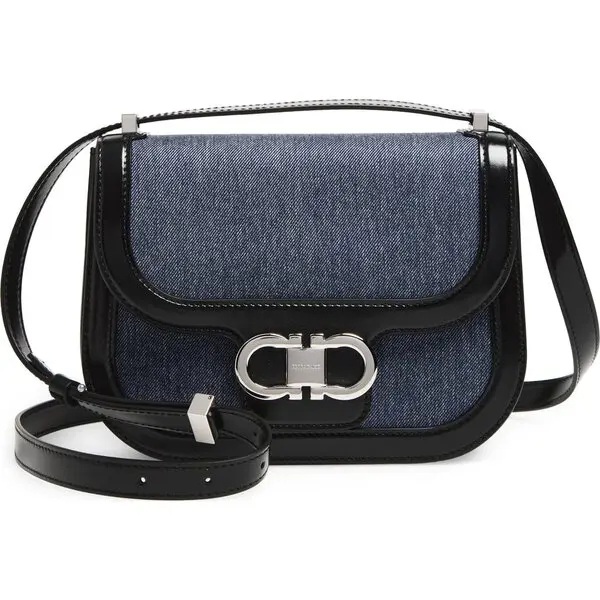 FERRAGAMO Double Gancio Crossbody Bag - Denim/white/nero