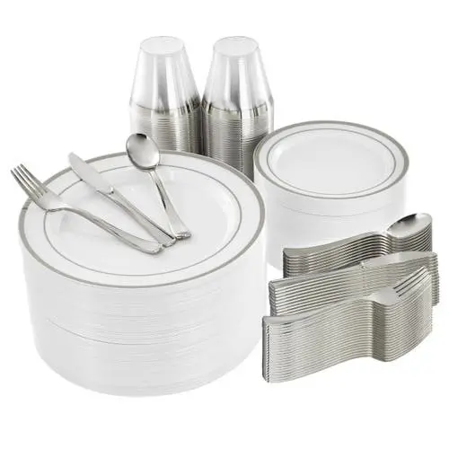 ELAMA 600 Piece Disposable Plastic Dinnerware Party Set - Silver