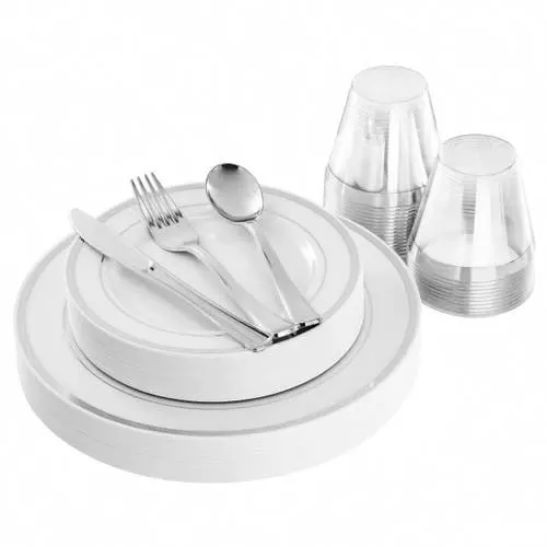 ELAMA 150 Piece Disposable Plastic Dinnerware Party Set - Silver