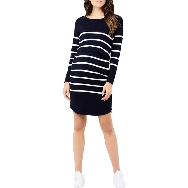 RIPE MATERNITY Valerie Stripe Long Sleeve Tunic Maternity Sweater Dress - Navy