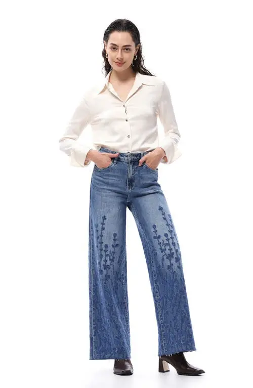 BAYEAS Embroidered High-waist Wide-leg Jeans