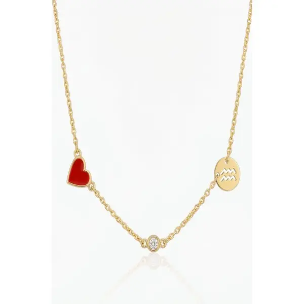 OAK & LUNA Inez Zodiac Sign Necklace With Diamond And Enamel Heart - Aquarius