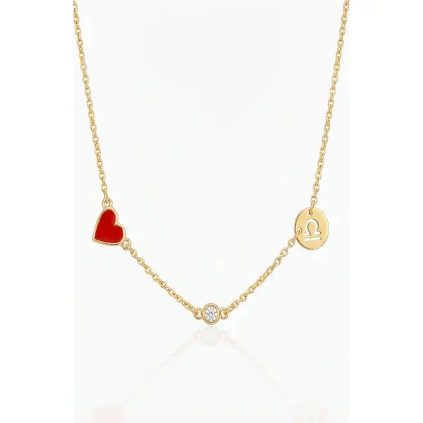 OAK & LUNA Inez Zodiac Sign Necklace With Diamond And Enamel Heart - Libra