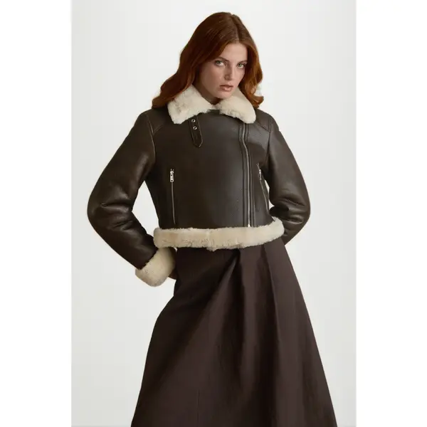 FURNIQ UK Sienna Leather Shearling Cropped Jacket - Brown