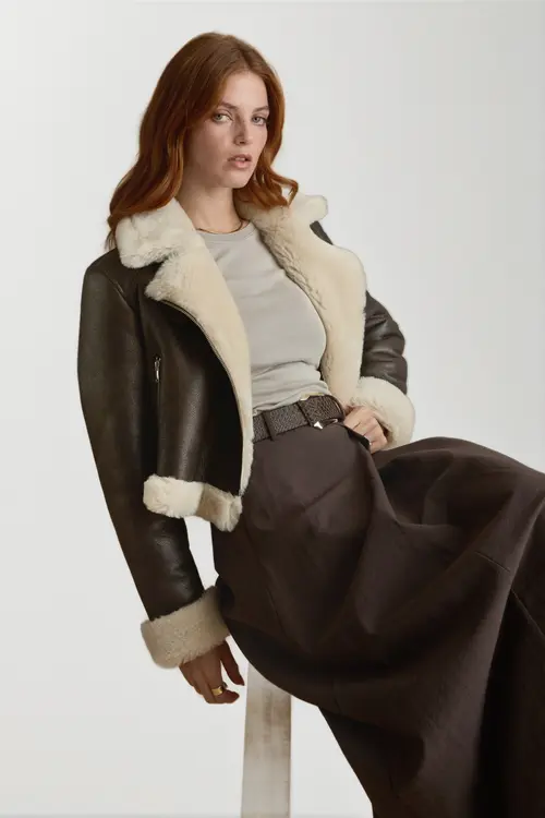 FURNIQ UK Sienna Leather Shearling Cropped Jacket