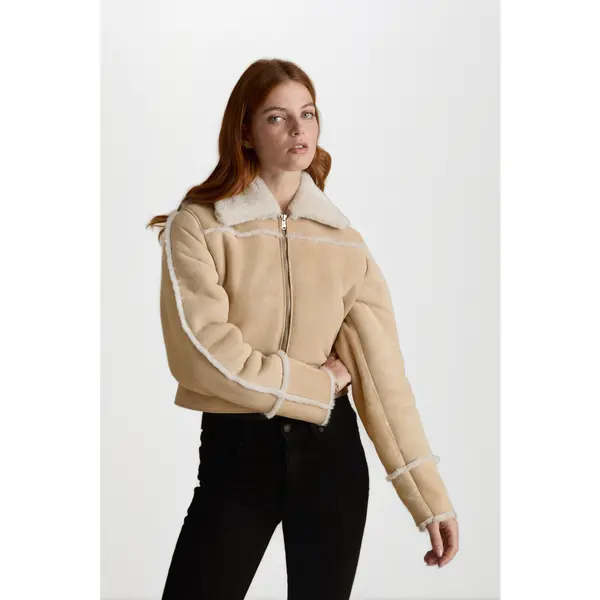 FURNIQ UK Clara Suede Shearling Jacket - Beige
