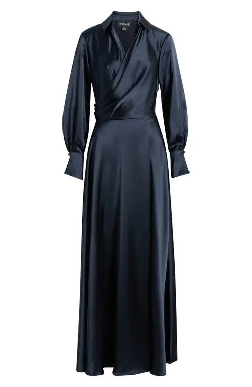 XSCAPE EVENINGS Spread Collar Long Sleeve Satin Gown - Navy