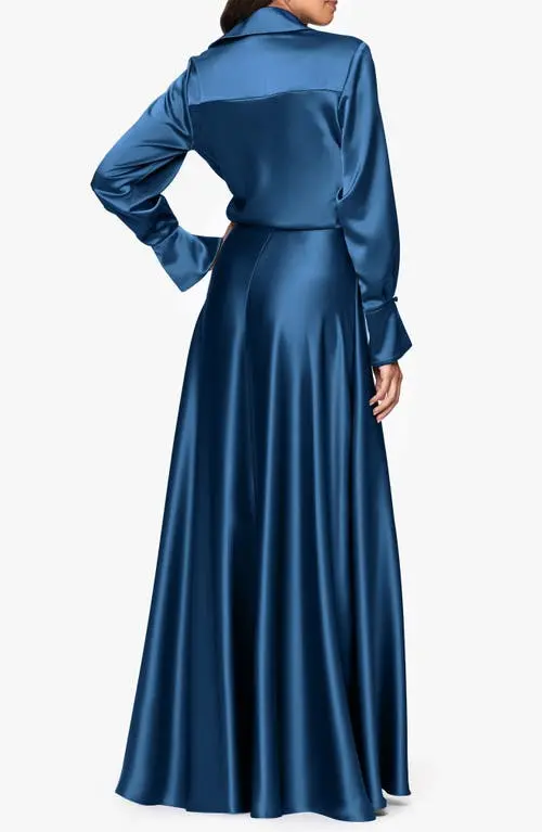 XSCAPE EVENINGS Spread Collar Long Sleeve Satin Gown - Ocean