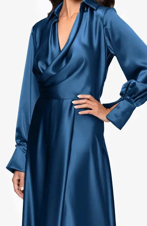 XSCAPE EVENINGS Spread Collar Long Sleeve Satin Gown - Ocean